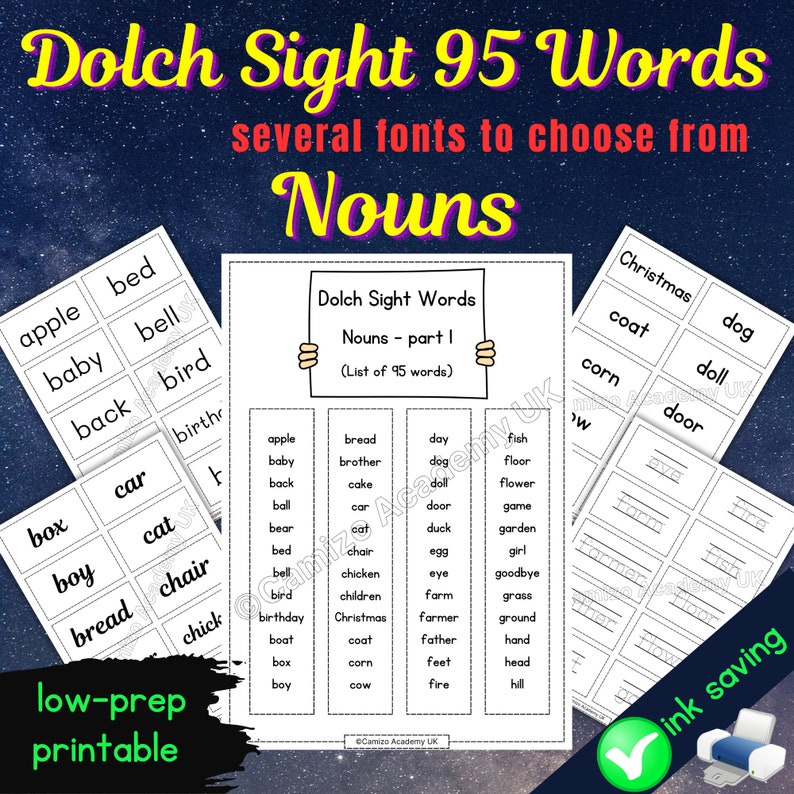 Printable Flashcards Dolch Sight Words Nouns 95 Words - Etsy