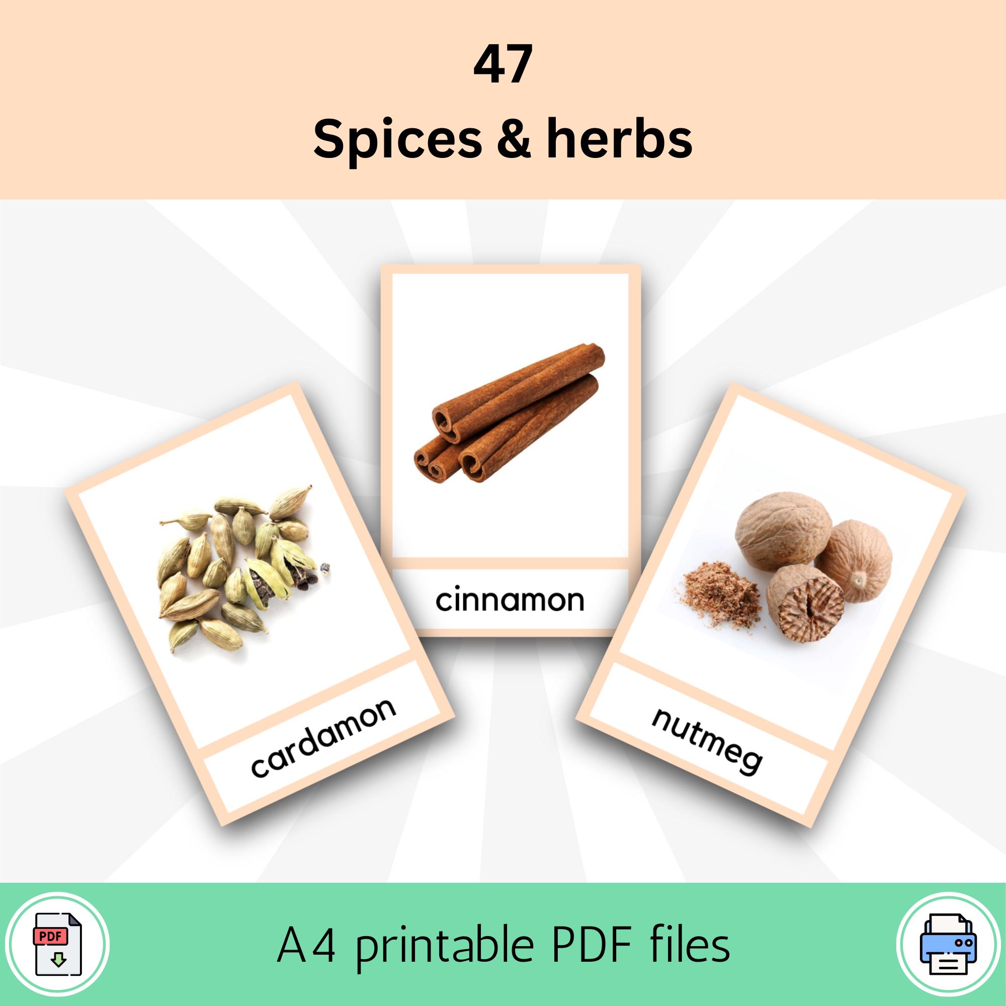 47 Spices & Herbs - 3-part Flashcards Printable | Real Pictures ...