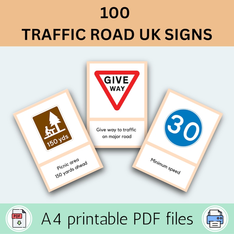 100 Road Signs UK Traffic Montessori 3-part Nomenclature Cards ...