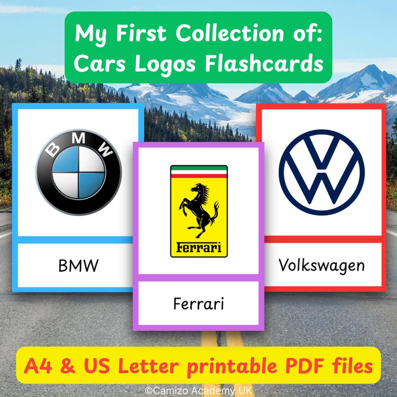 My First Car Logos Flashcards, Printable Toddler Flashcards, Car Theme ...