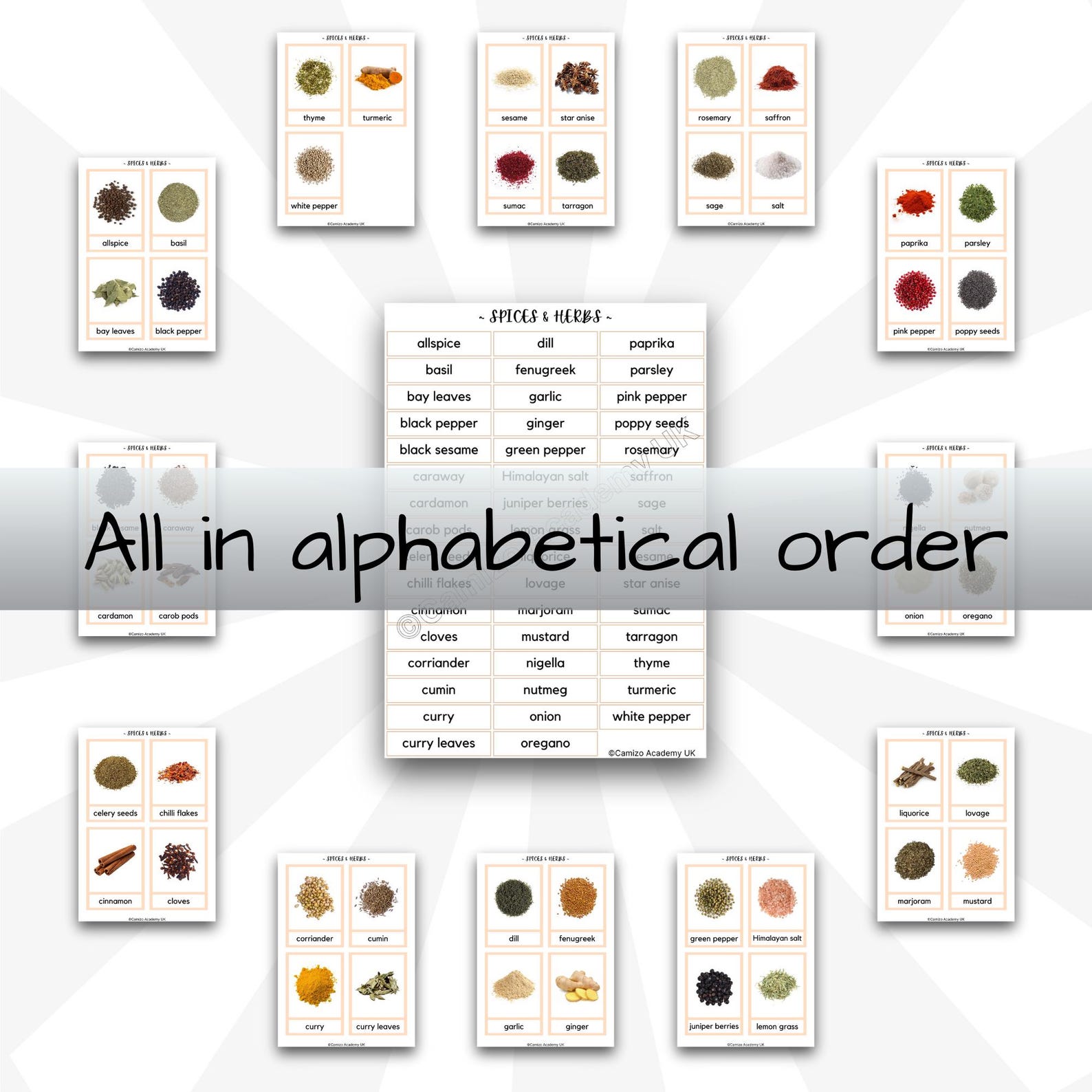 47 Spices & Herbs - 3-part Flashcards Printable | Real Pictures ...
