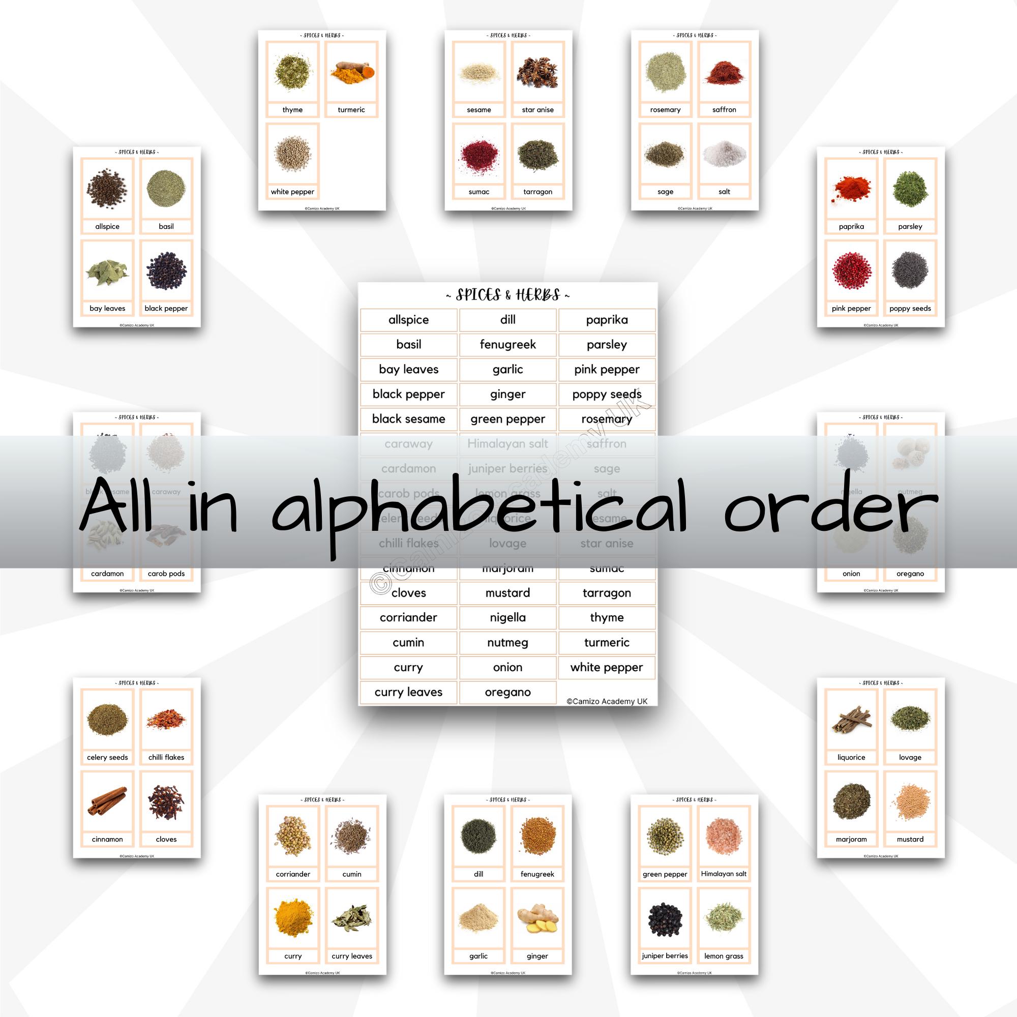 47 Spices & Herbs - 3-part Flashcards Printable | Real Pictures ...