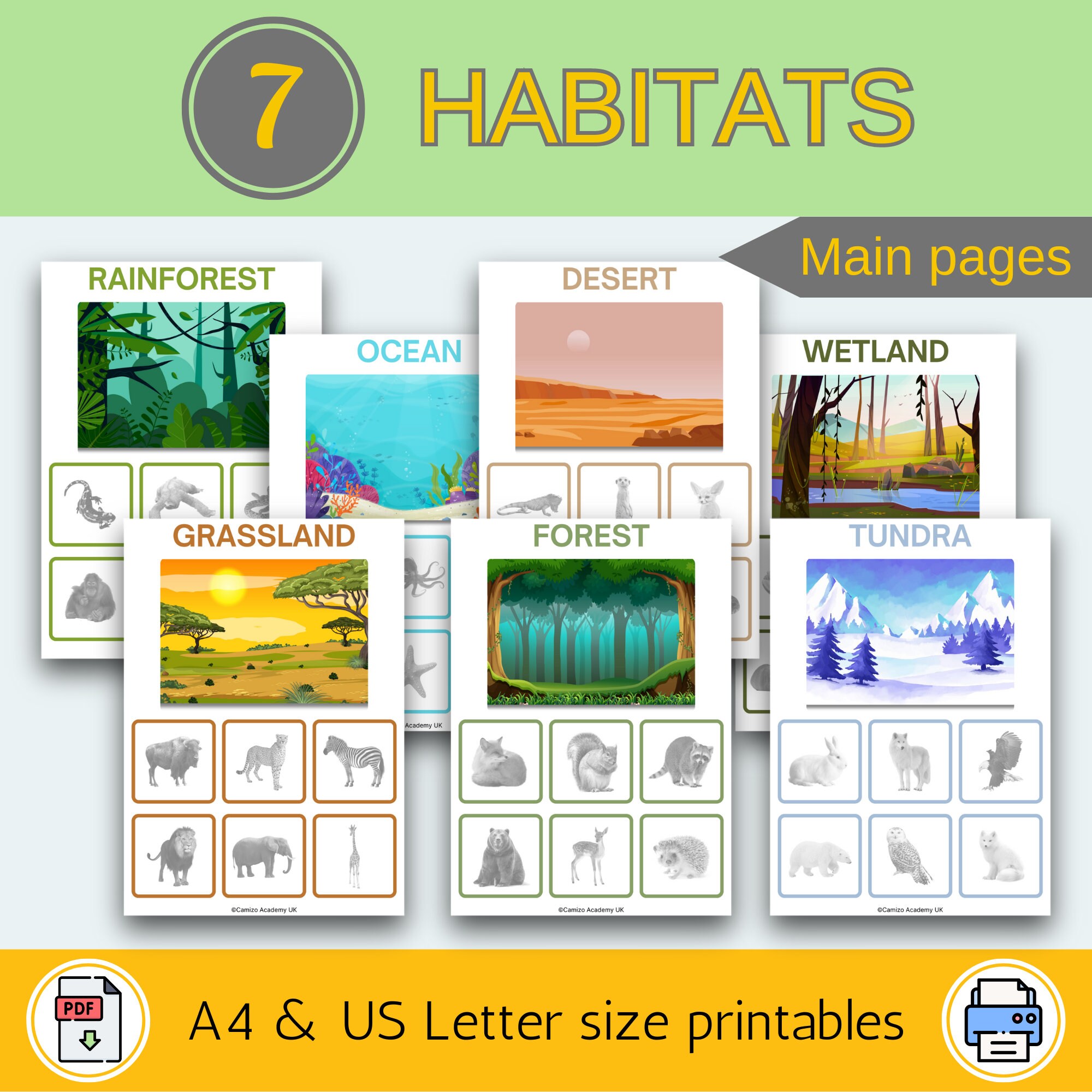 Animals Habitats Shadow Matching Worksheets for Kids Homeschool Teacher ...