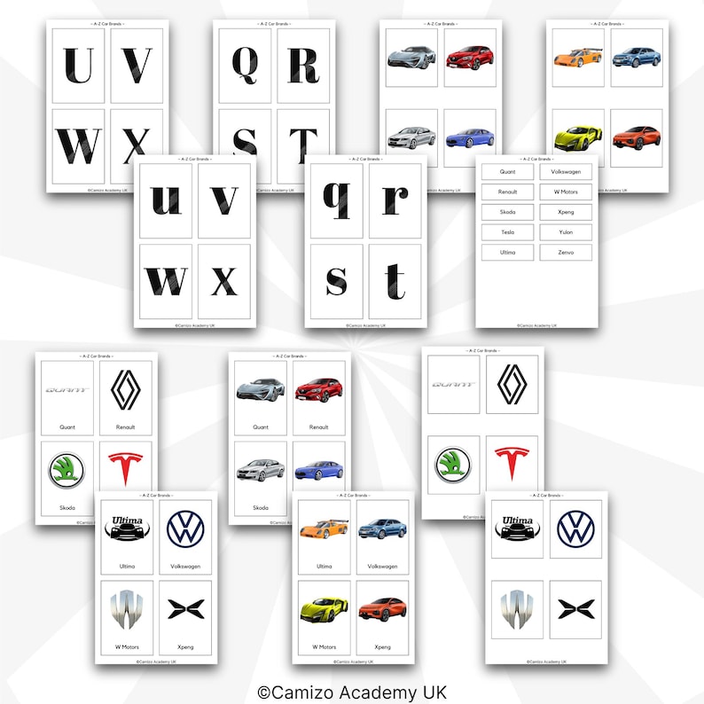 Car Alphabet Letters A-Z 3-part Flashcards | Transport Vehicles ...