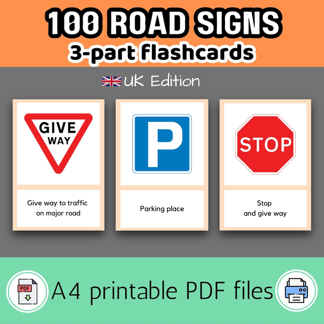 100 Road Signs UK Traffic Montessori 3-part Nomenclature Cards ...