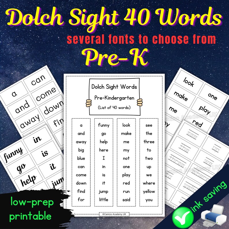 Printable Flashcards Dolch Sight Words Pre-k 40 Words - Etsy