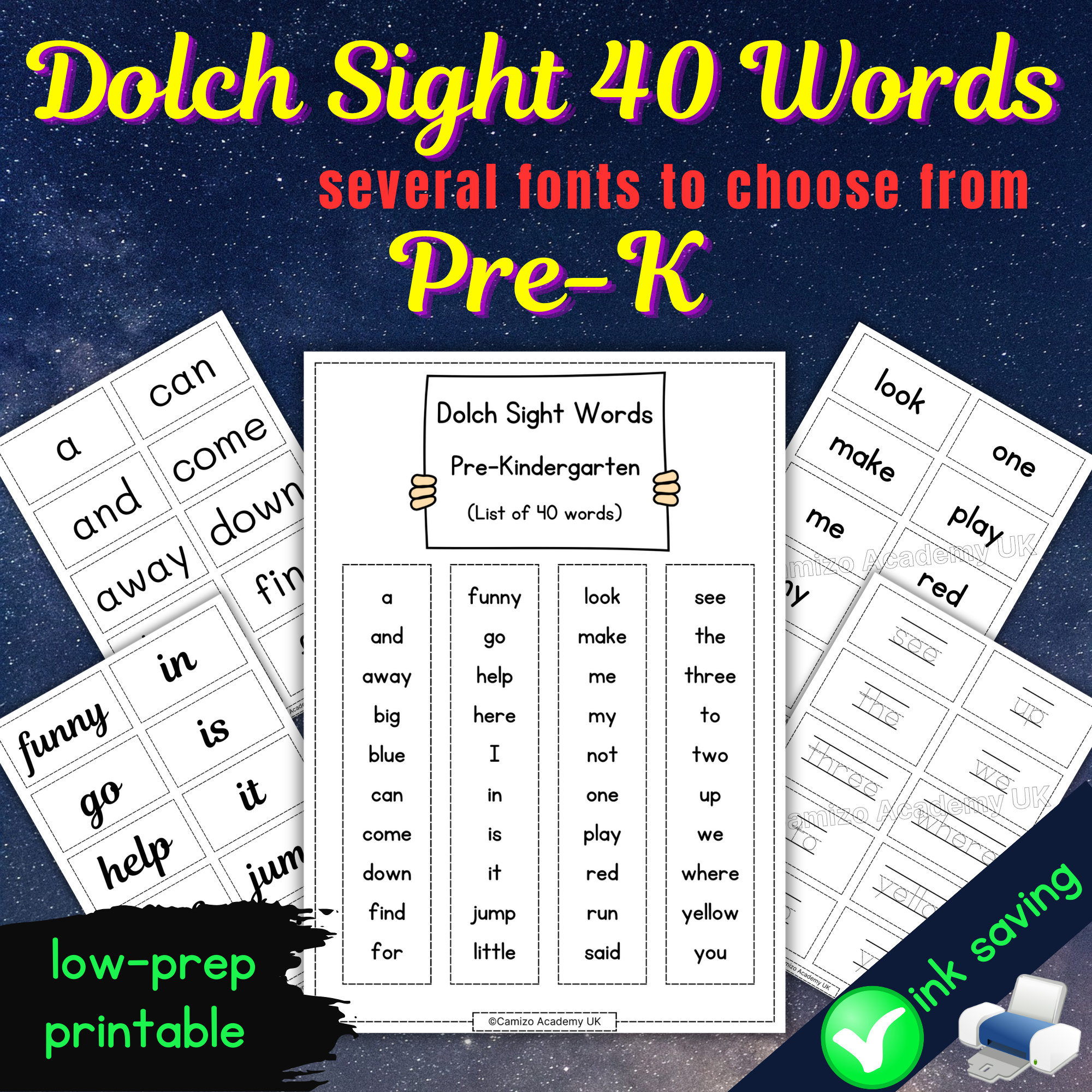 Printable Flashcards Dolch Sight Words Pre-k 40 Words - Etsy