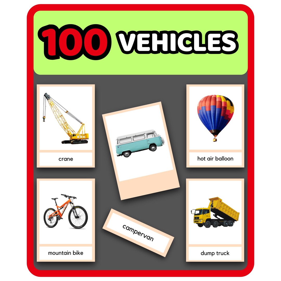 100 Vehicles- 3-part Flashcards | Real Pictures | Car Train Ship ...