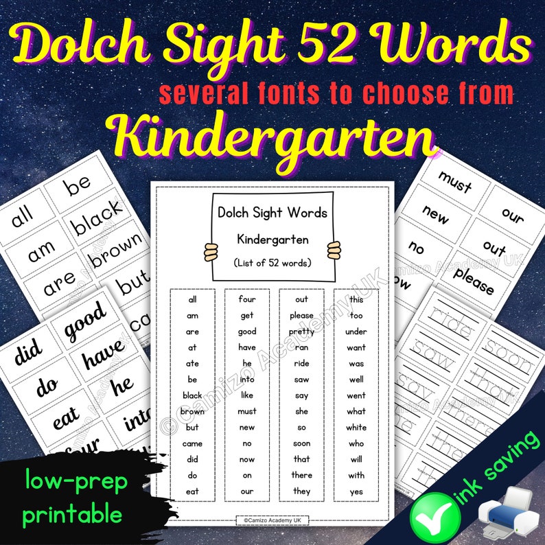 Printable Flashcards Dolch Sight Words | Kindergarten | 52 Words ...