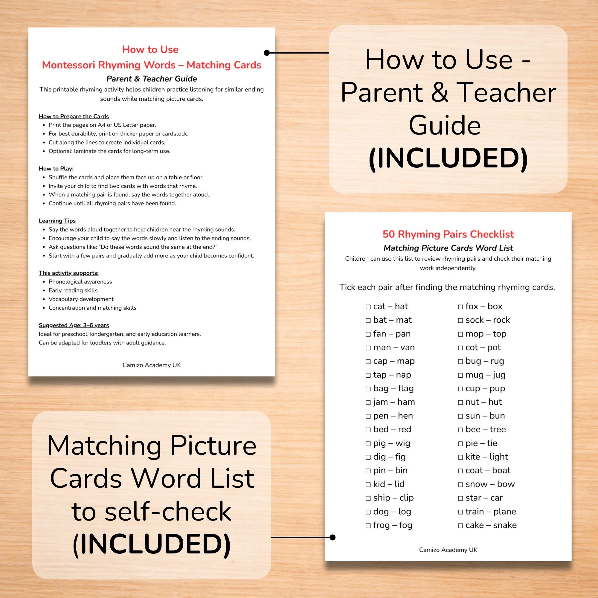 Rhyming Words Matching Cards Printable | Preschool Phonics Activity ...