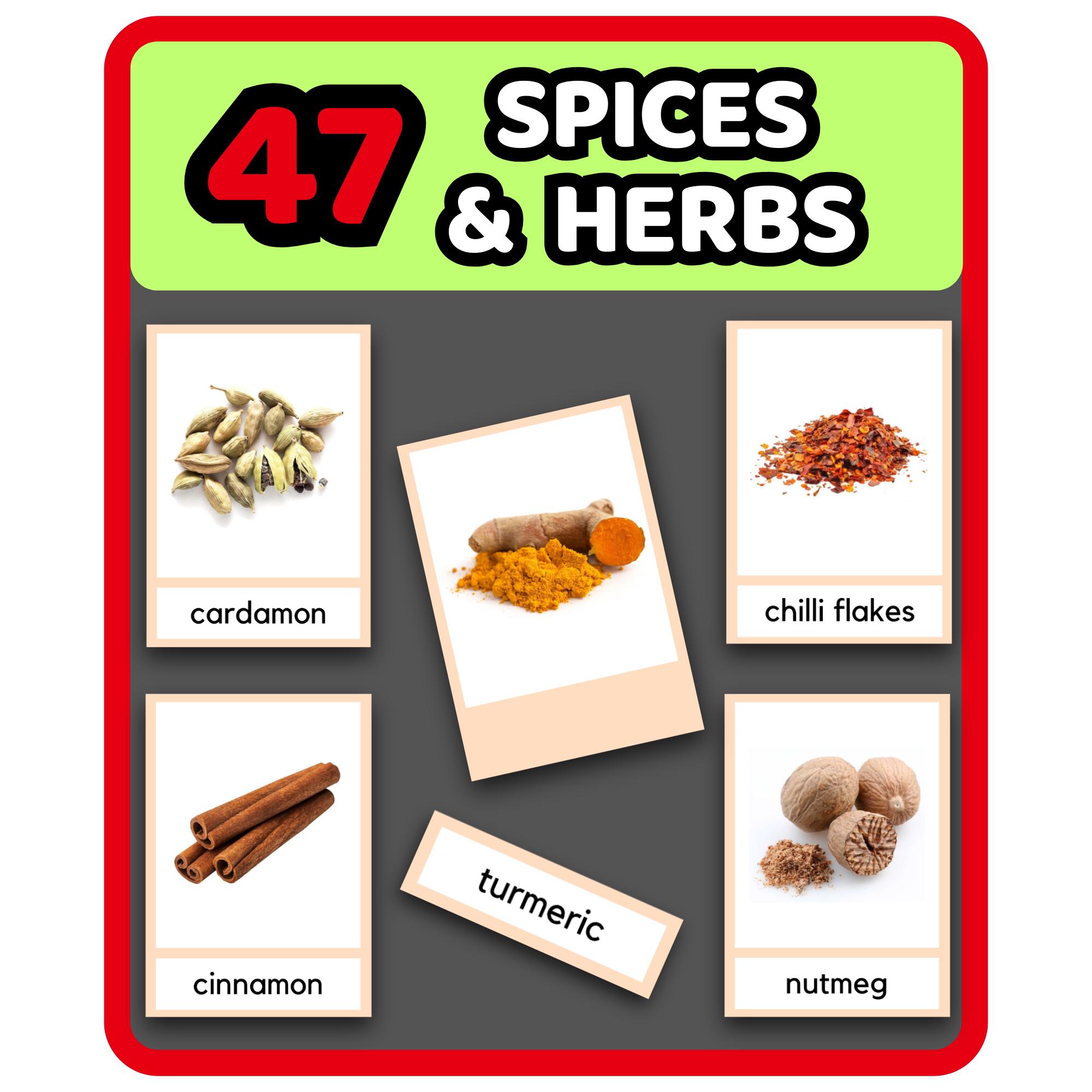 47 Spices & Herbs - 3-part Flashcards Printable | Real Pictures ...