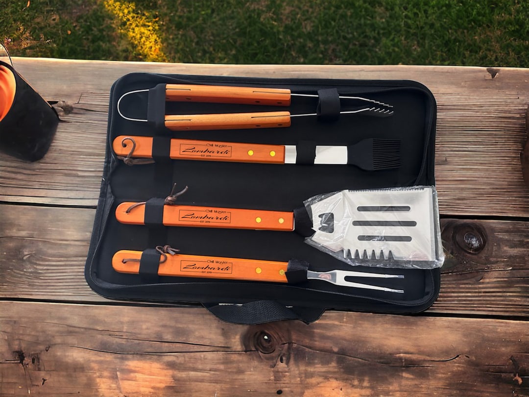 Personalized Grilling Tool Set, BBQ Accessories, Wooded Barbecue Tools ...