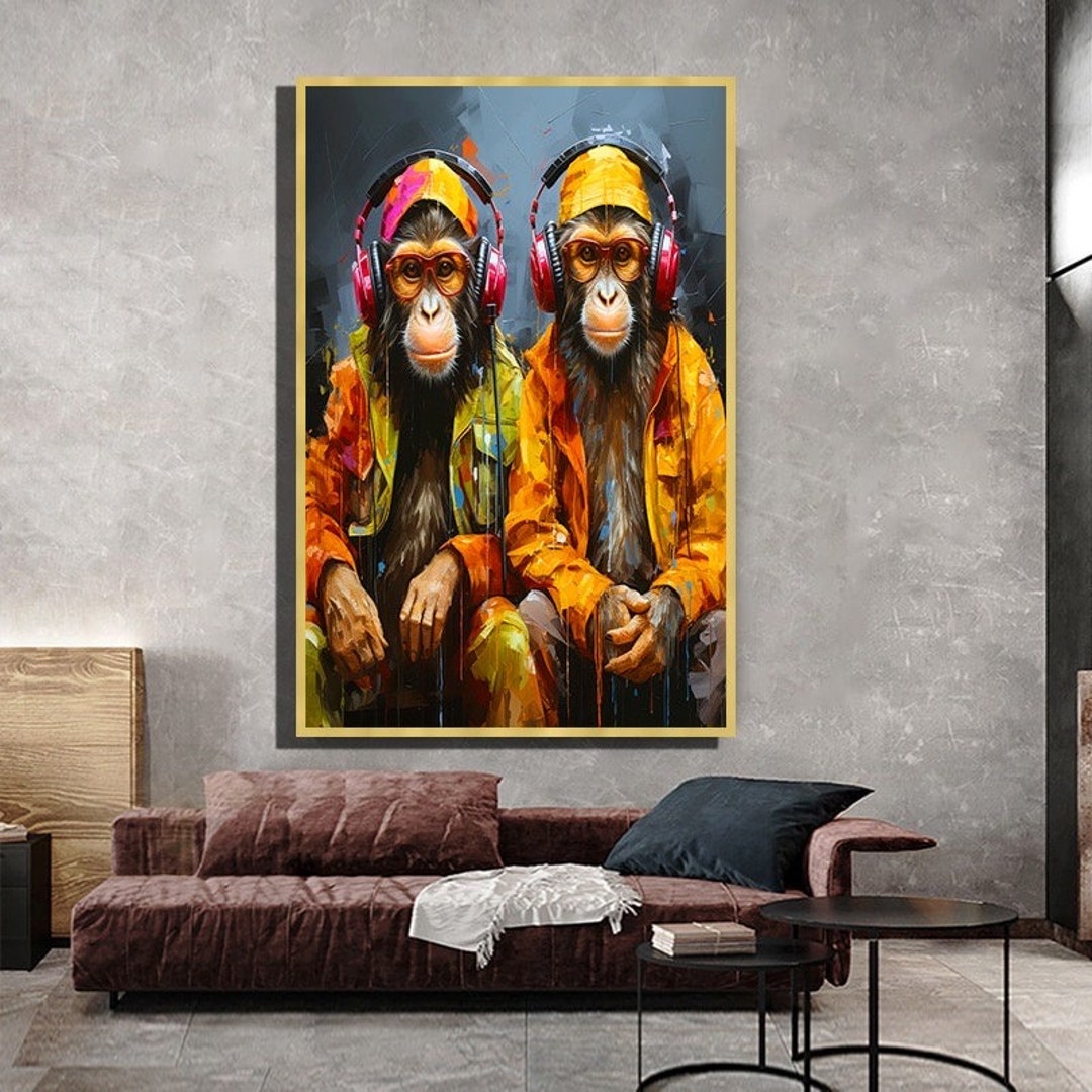Monkey Pop Art Framed Canvas, Monkeys Listening to Music Wall Art ...