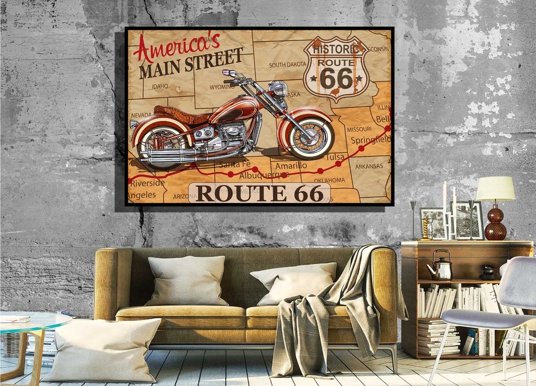 Route 66 Map Canvas Wall Art, Historic Route 66 Motors Canvas Wall Art ...