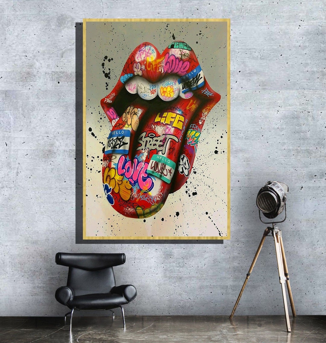 Lip Painting Canvas, Graffiti Lip Canvas, Graffiti Tongue Wall Decor ...