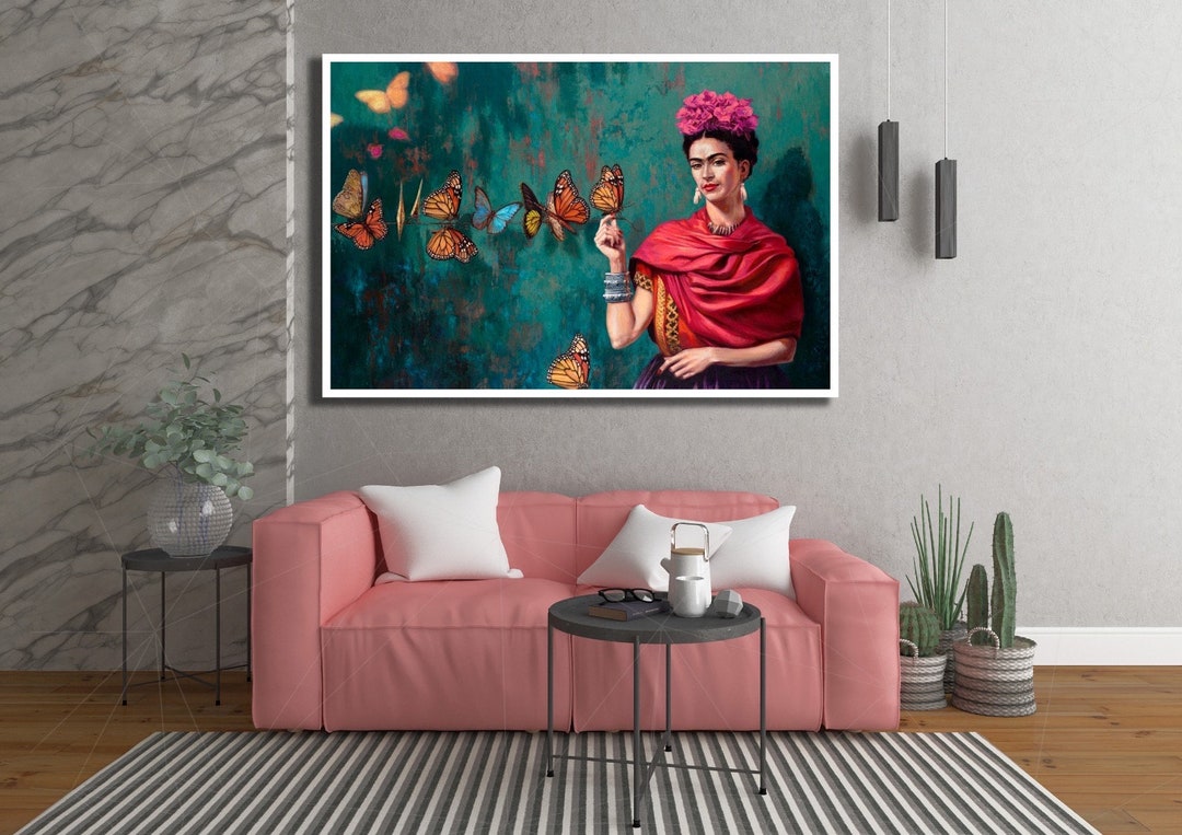 Frida Kahlo Framed Canvas, Frida Kahlo With Butterfly Wall Art, Trendy ...