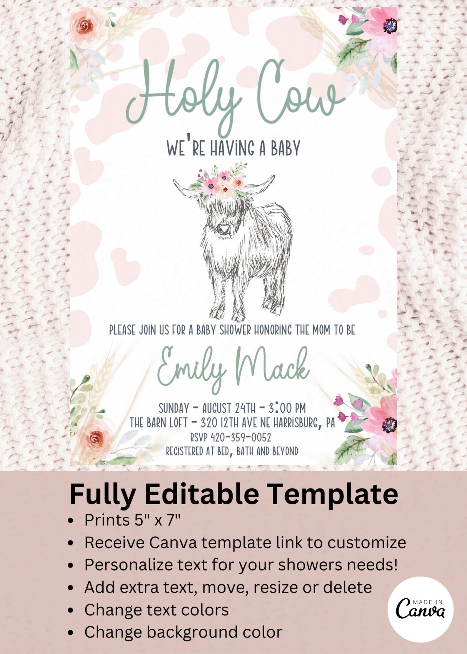 Editable Holy Cow Baby Shower Invitation Bundle, Boy Highland Cow Baby ...