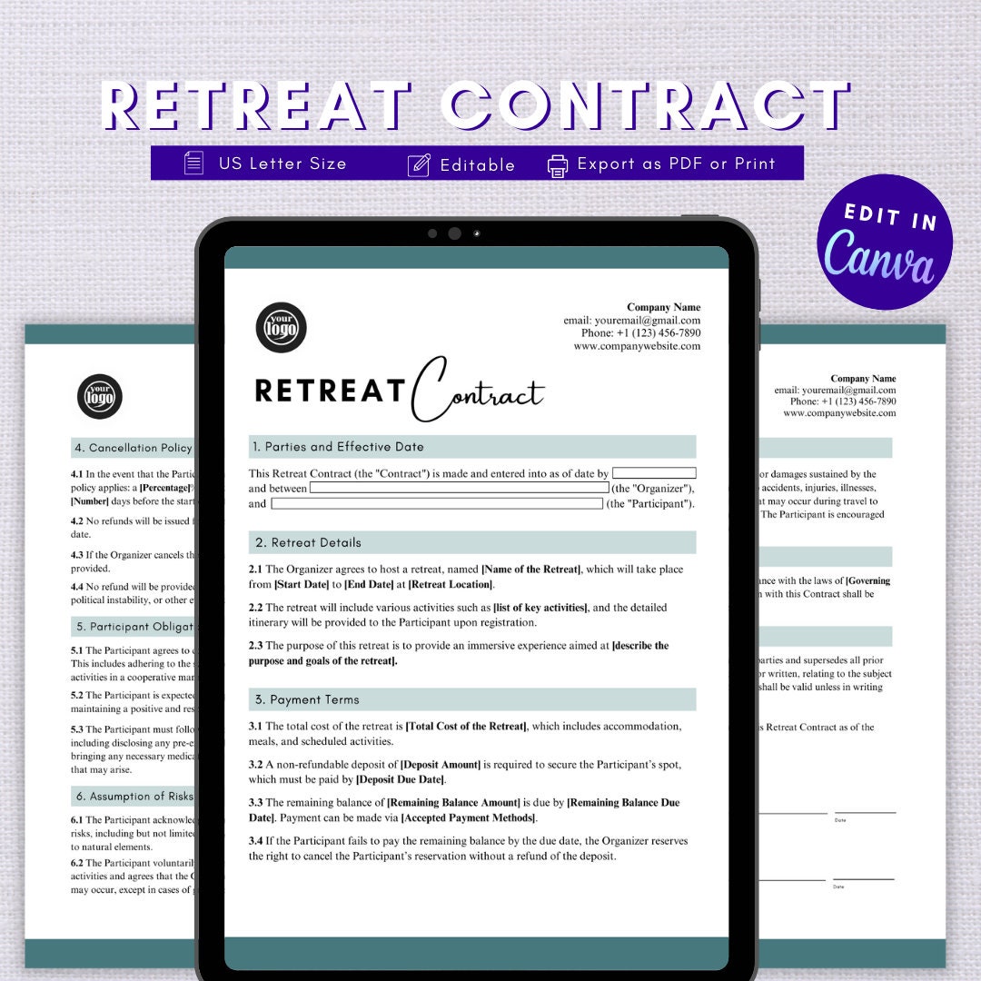 Retreat Contract Agreement | Customizable Canva Template for Retreat ...