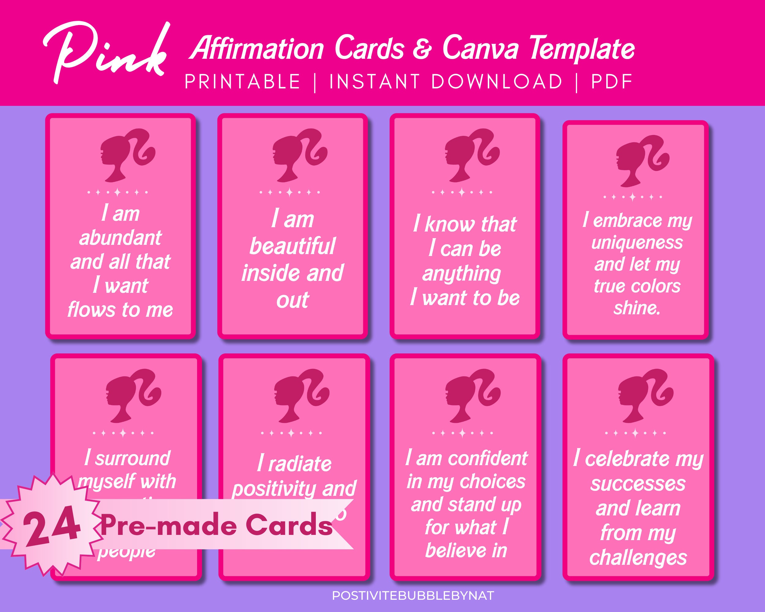 24 Pink Affirmation Cards PRINTABLE With Editable Canva Template Link ...