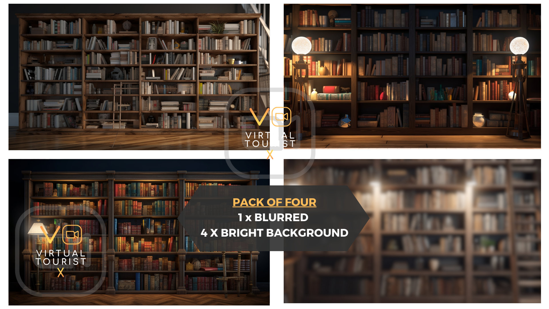 4 Pack Bookcase Zoom Virtual Backgrounds Backdrop Office Background ...