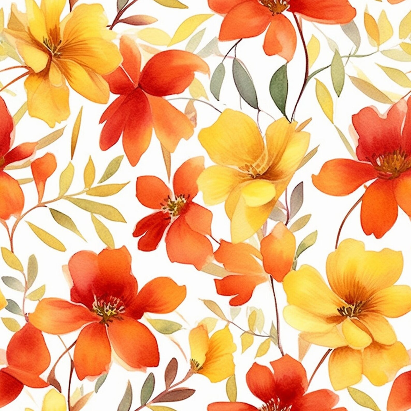 Red & Orange Floral Watercolour Effect Digital Repeating Pattern - Etsy