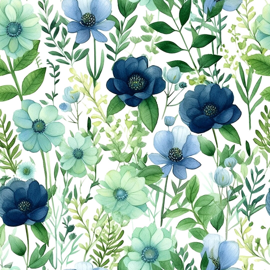 Blue and Green Floral Watercolour Effect Digital Repeating Pattern - Etsy