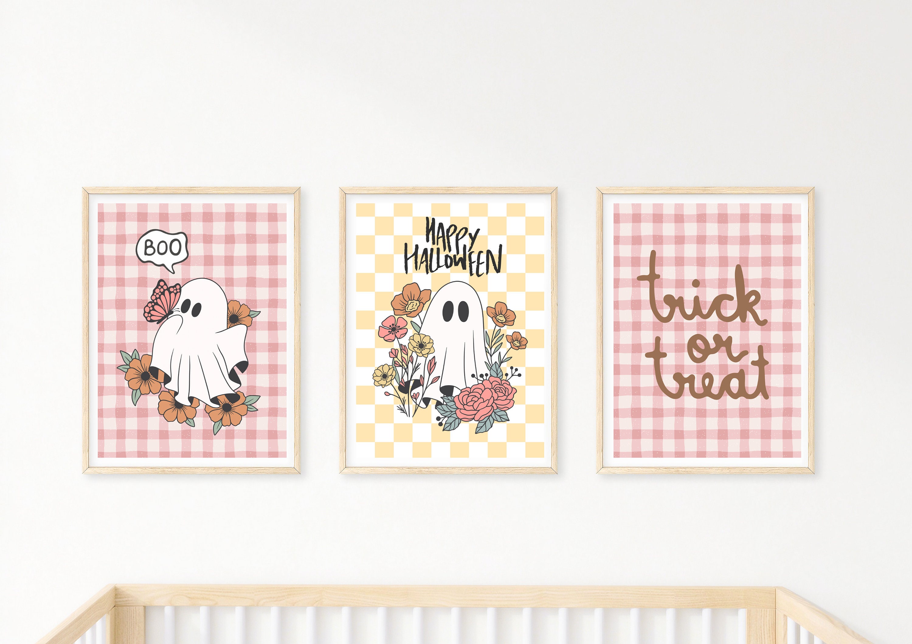Set of 3 Cute Halloween Ghost Poster, Pastel Halloween Prints, Boho ...