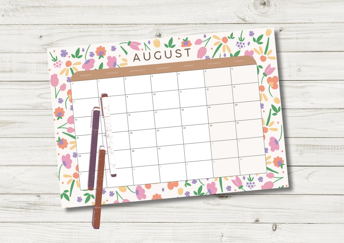 August Calendar 2023 Printable, Floral Minimal Cute Calendar A4/A5 ...