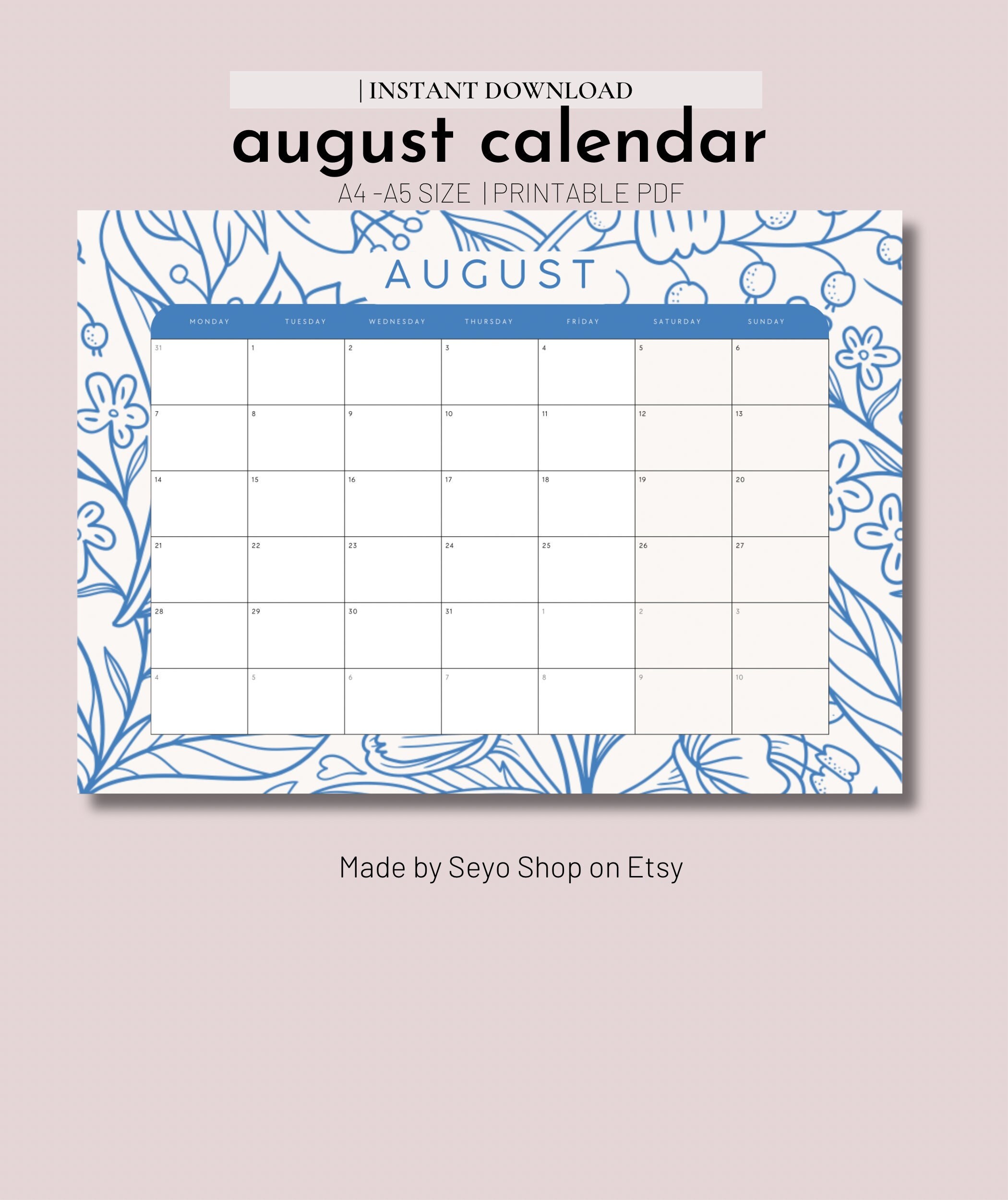 August Calendar 2023 Printable Floral Minimal Cute Calendar - Etsy