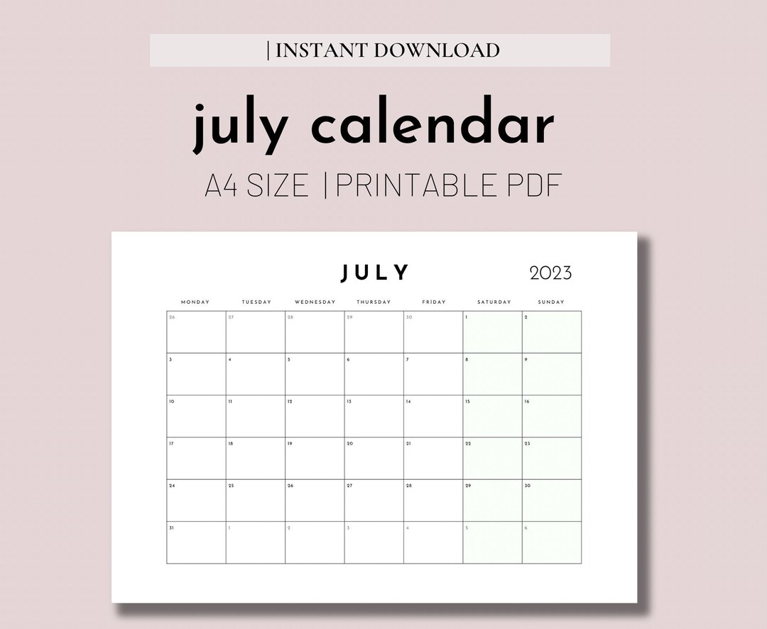 Printable July Calendar 2023, Editable Digital Monthly Calendar, A4 ...
