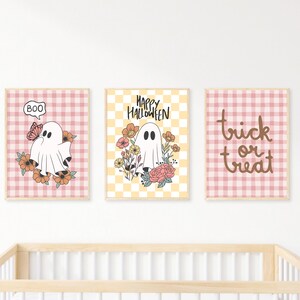 Set of 3 Cute Halloween Ghost Poster, Pastel Halloween Prints, Boho ...