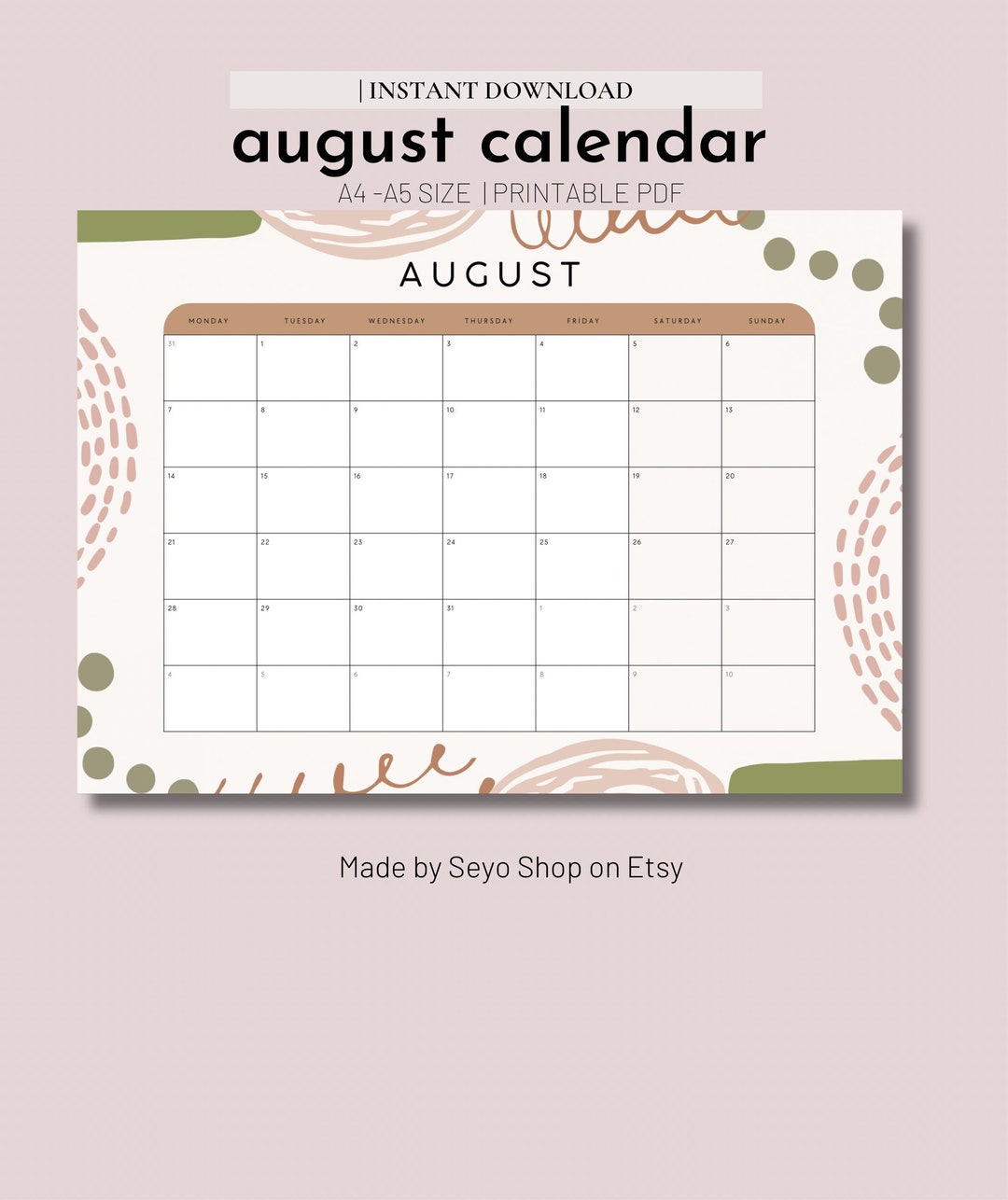 August Calendar 2023 Printable, Minimal Cute Calendar A4/A5 Sizes ...