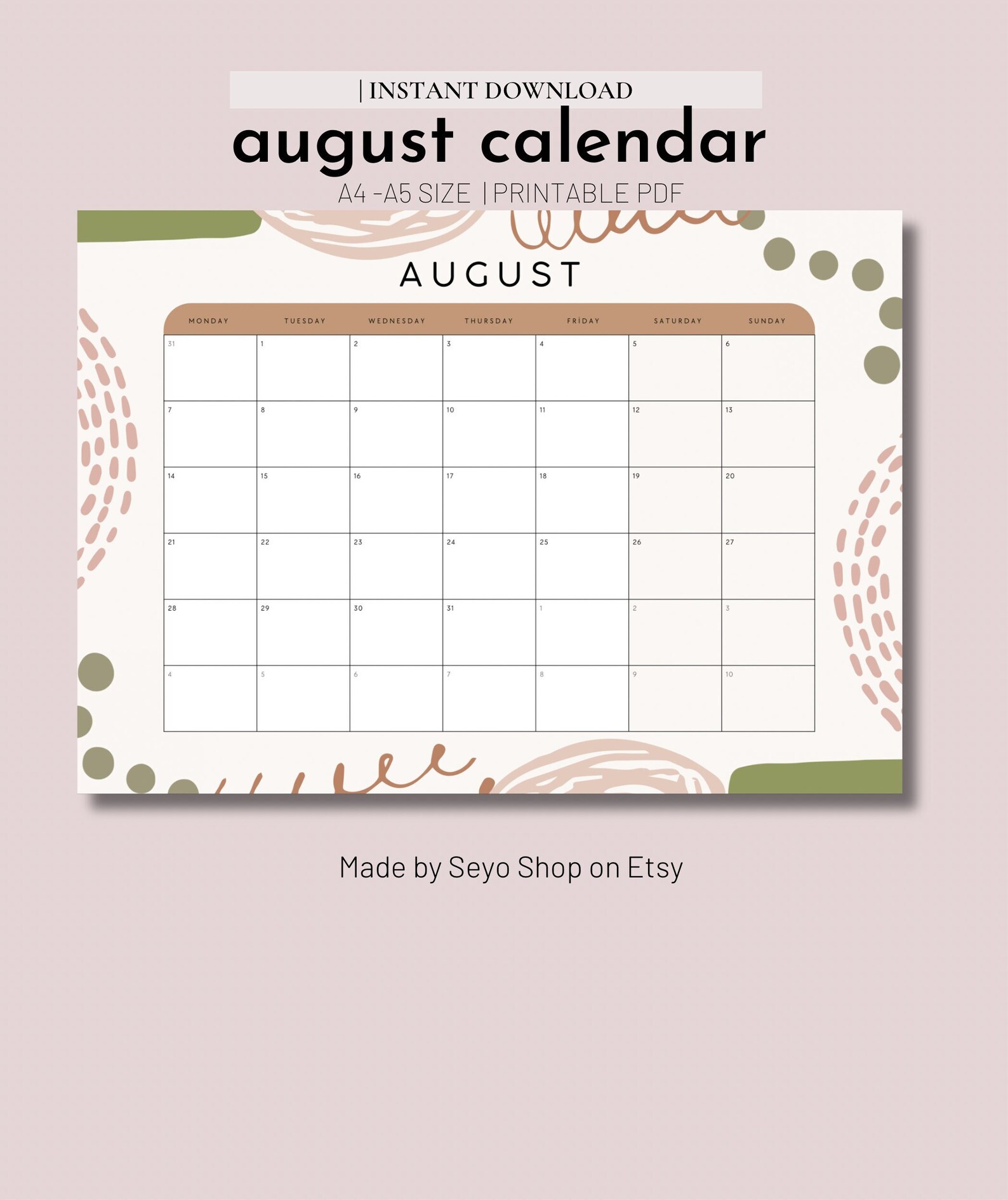 August Calendar 2023 Printable, Minimal Cute Calendar A4/A5 Sizes ...