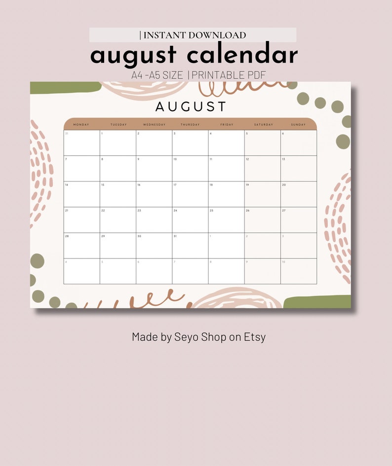 August Calendar 2023 Printable, Minimal Cute Calendar A4/A5 Sizes ...