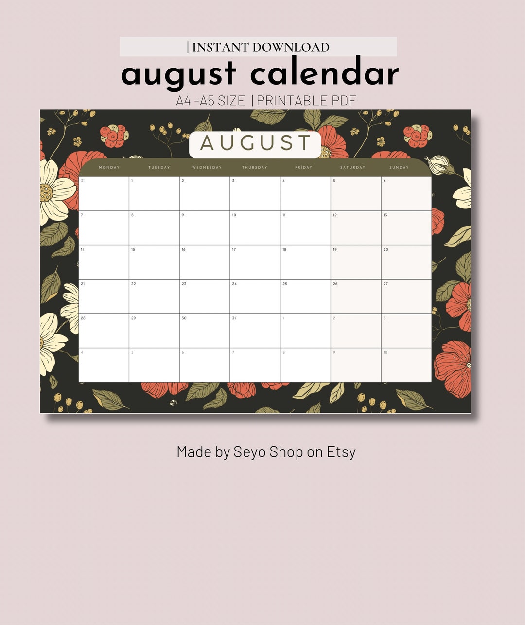 August Calendar 2023 Printable, Floral Minimal Cute Calendar A4/A5 ...