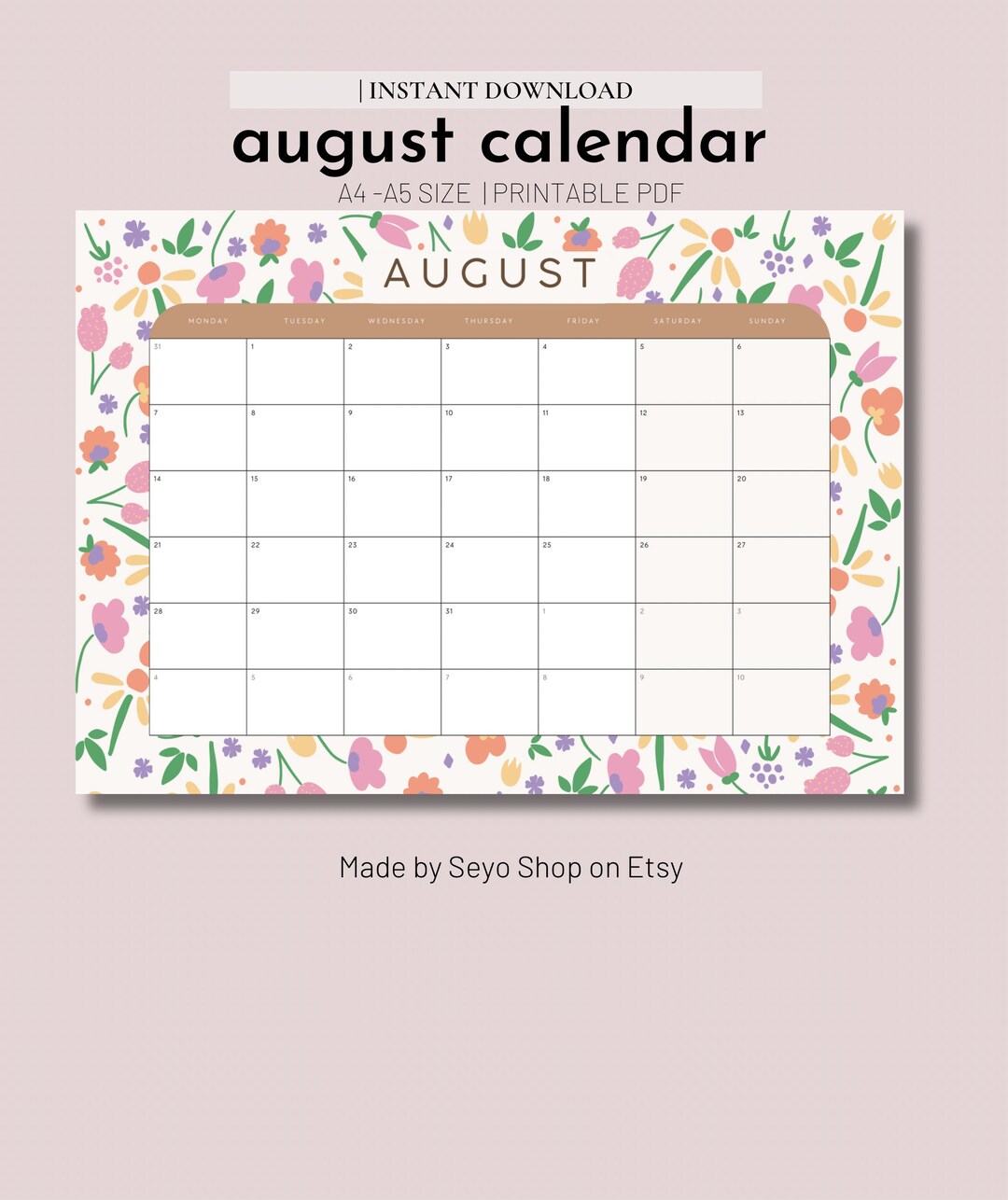 August Calendar 2023 Printable, Floral Minimal Cute Calendar A4/A5 ...