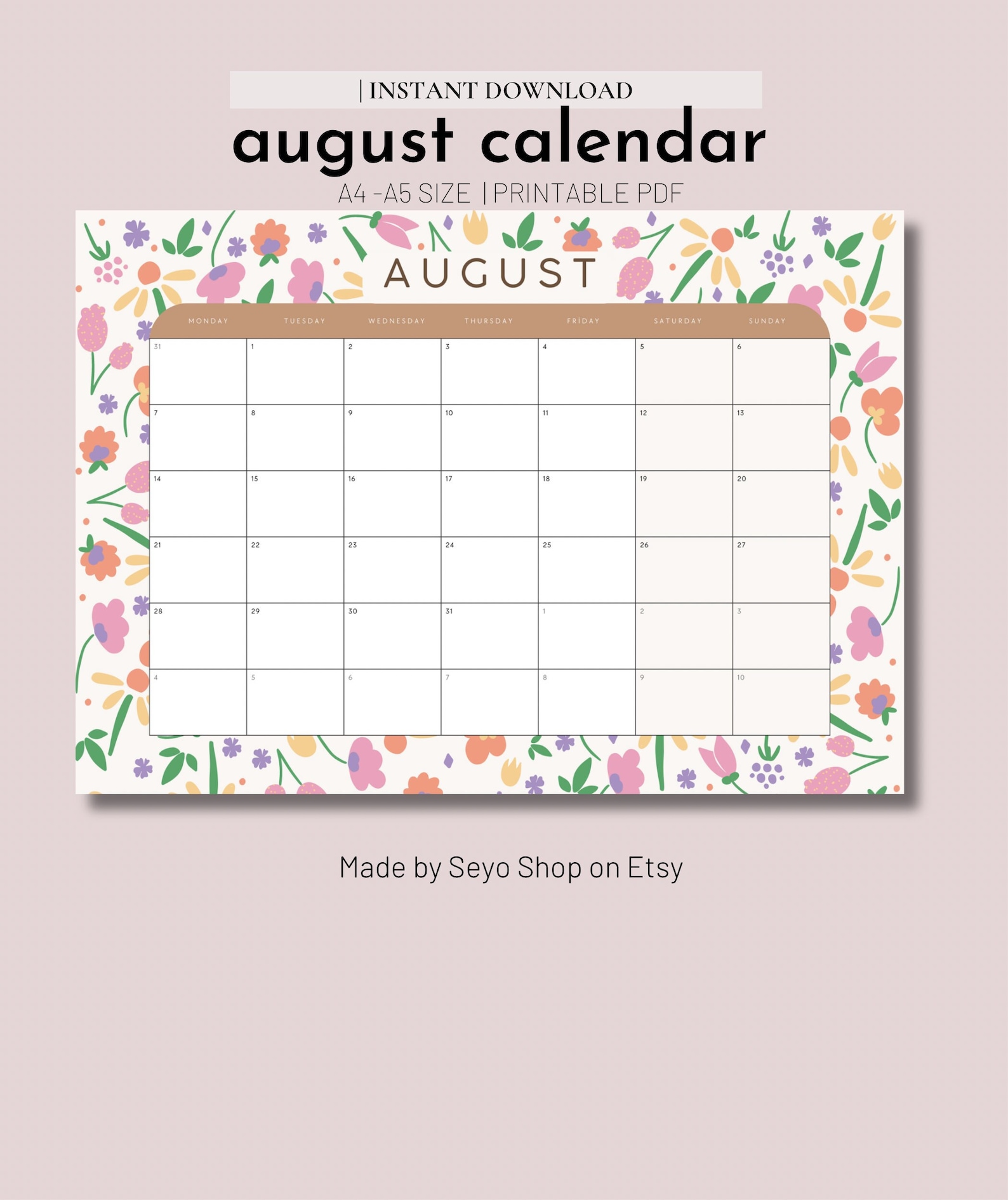 August Calendar 2023 Printable, Floral Minimal Cute Calendar A4/A5 ...