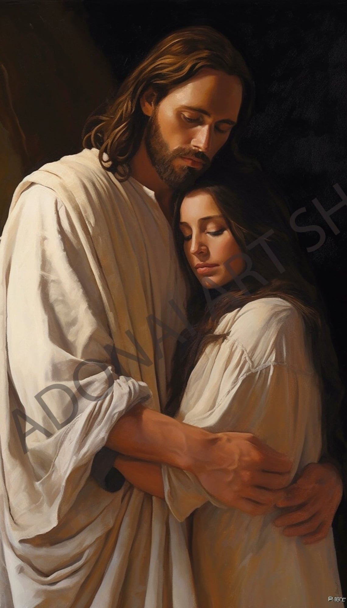 Jesus Christ Holding Hugging Comforting Dark Haired Women Oil Painting ...
