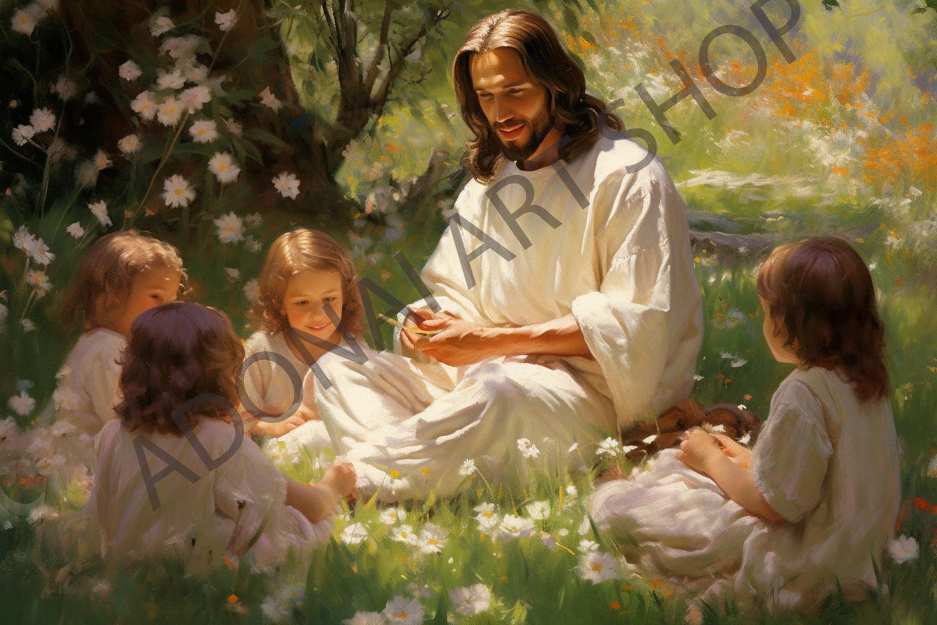 Jesus Christ With Small Children in Meadow Flowers Oil Painting ...