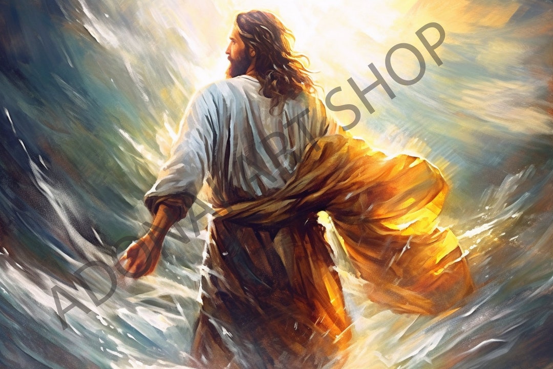Jesus Yeshua Walking on Water in the Storm Watercolor PNG Digital ...