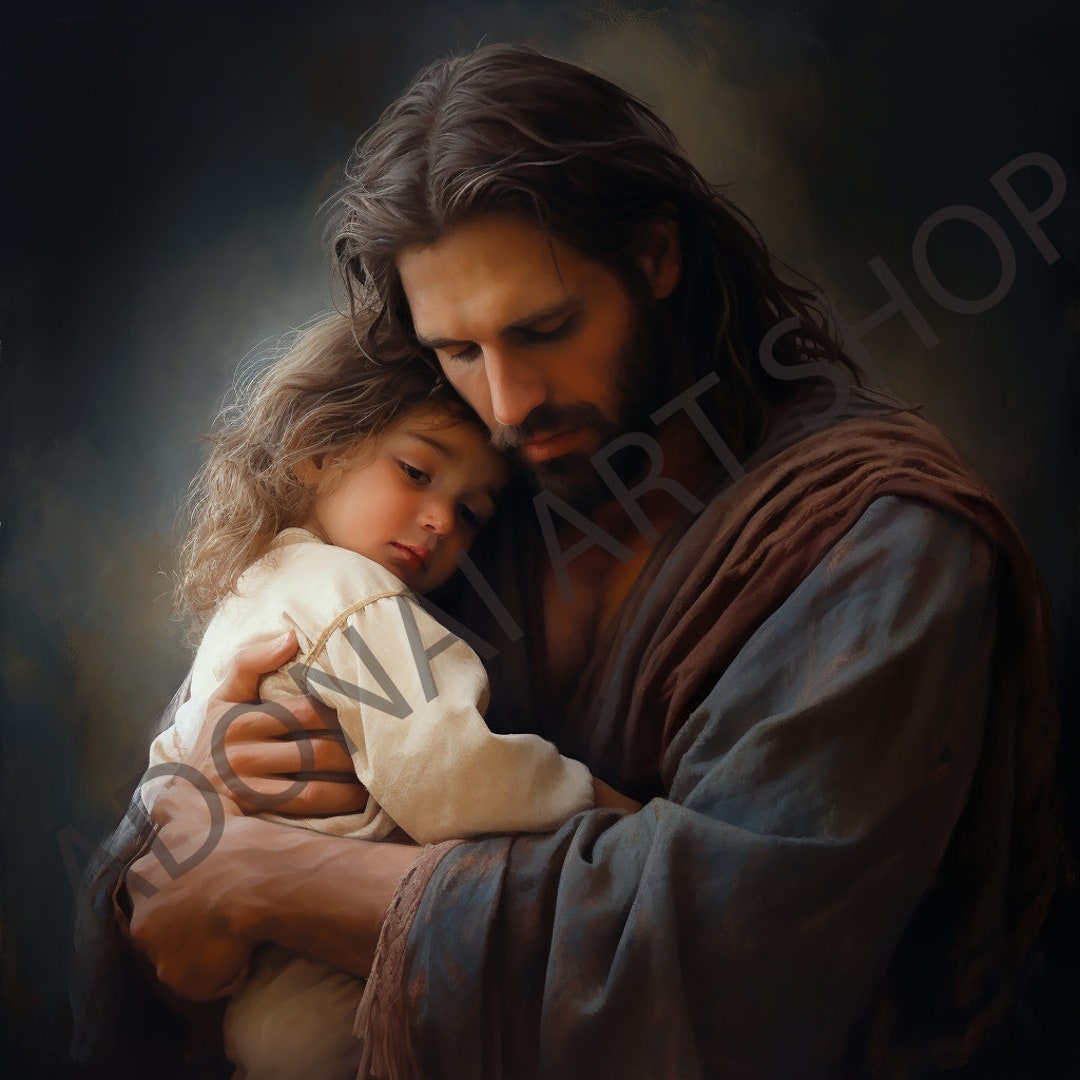 Jesus Christ Holding Comforting Loving Small Child Oil Painting PNG ...