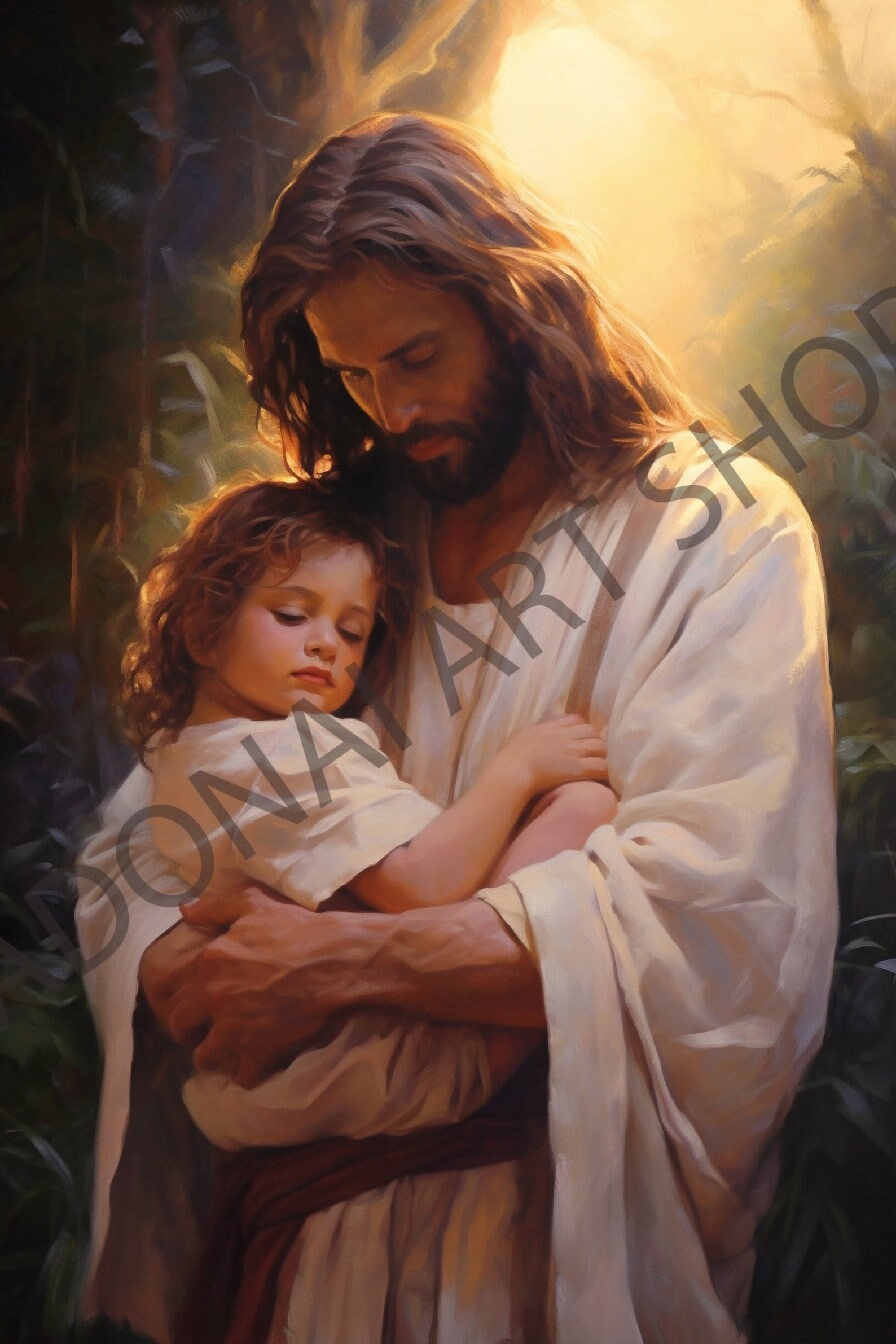 Jesus Christ Holding Comforting Small Child Watercolor Flowers Oil ...