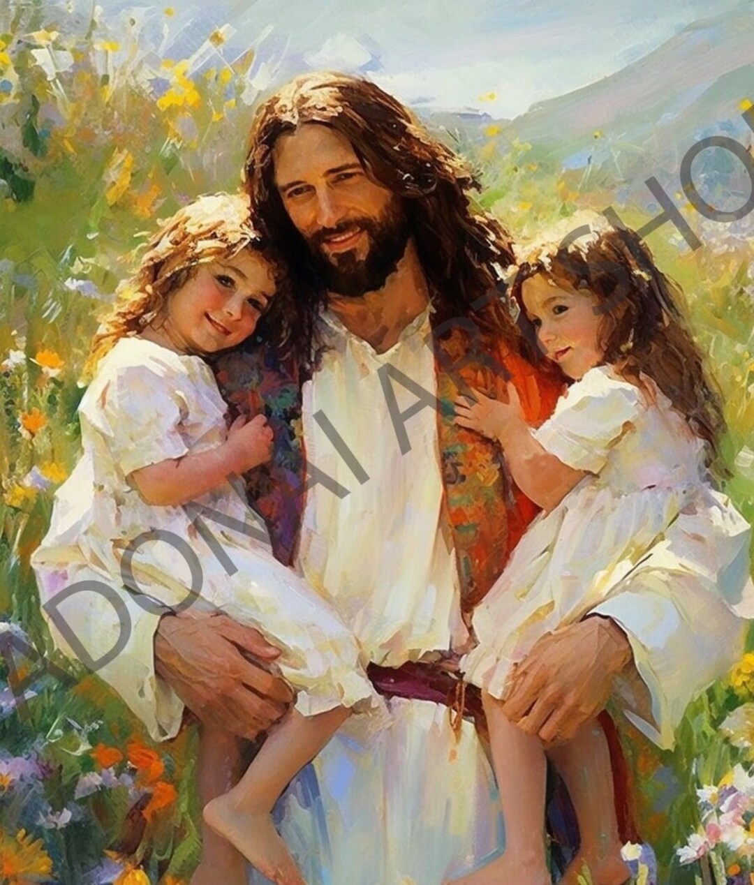 Jesus Christ Holding Small Children in Meadow Flowers Painting ...