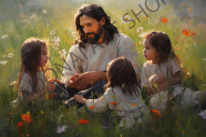 Jesus Christ With Small Children in Meadow Flowers Oil Painting ...