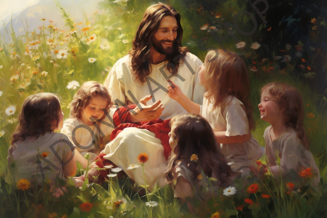Jesus Christ With Small Children in Meadow Flowers Oil Painting ...