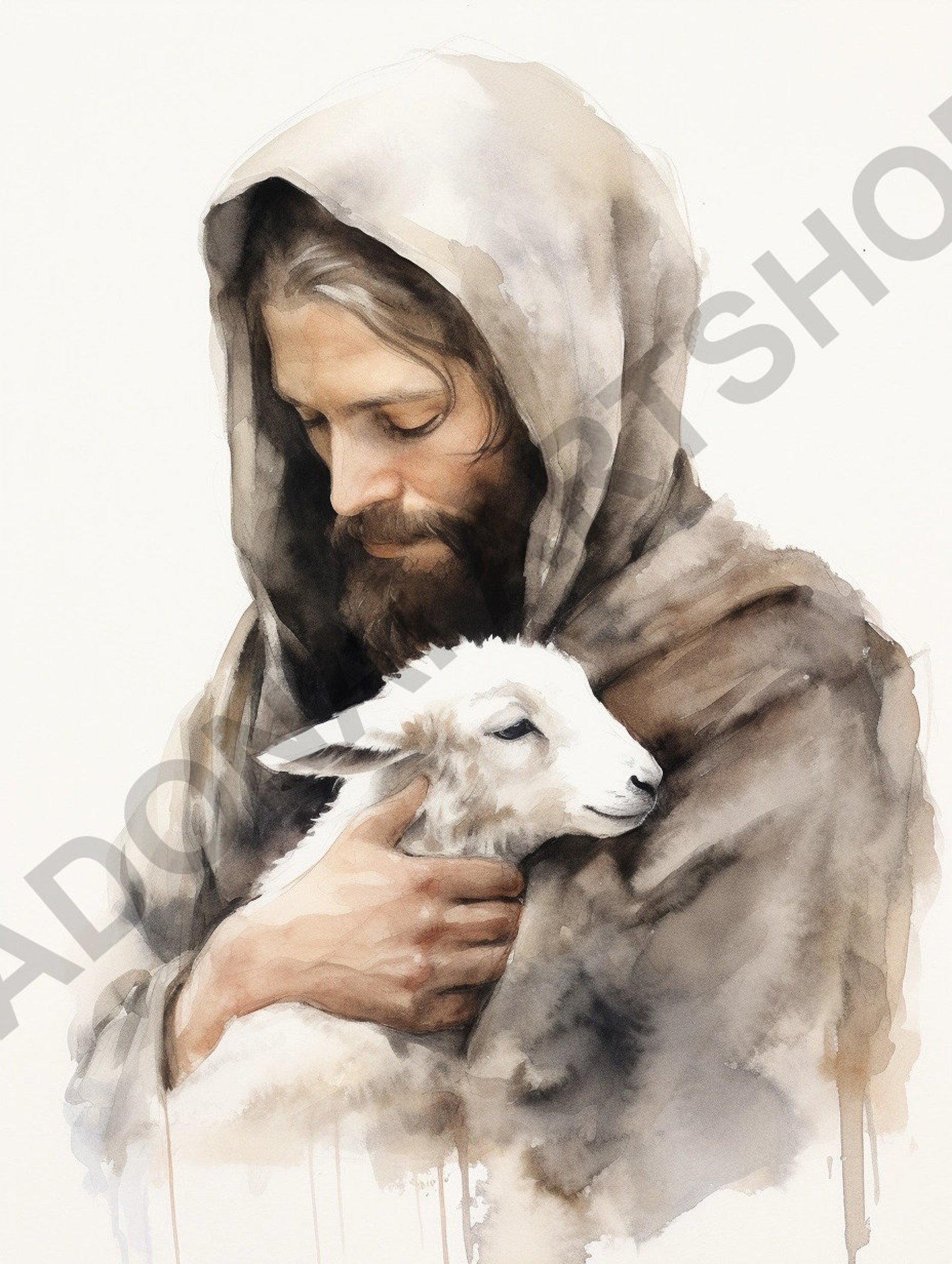 Jesus Yeshua Holding a Lamb Watercolor PNG Digital Christian Art - High ...