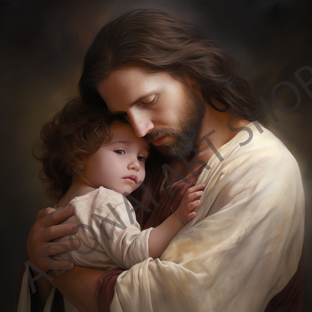Jesus Christ Holding Comforting Loving Small Child Watercolor Oil ...