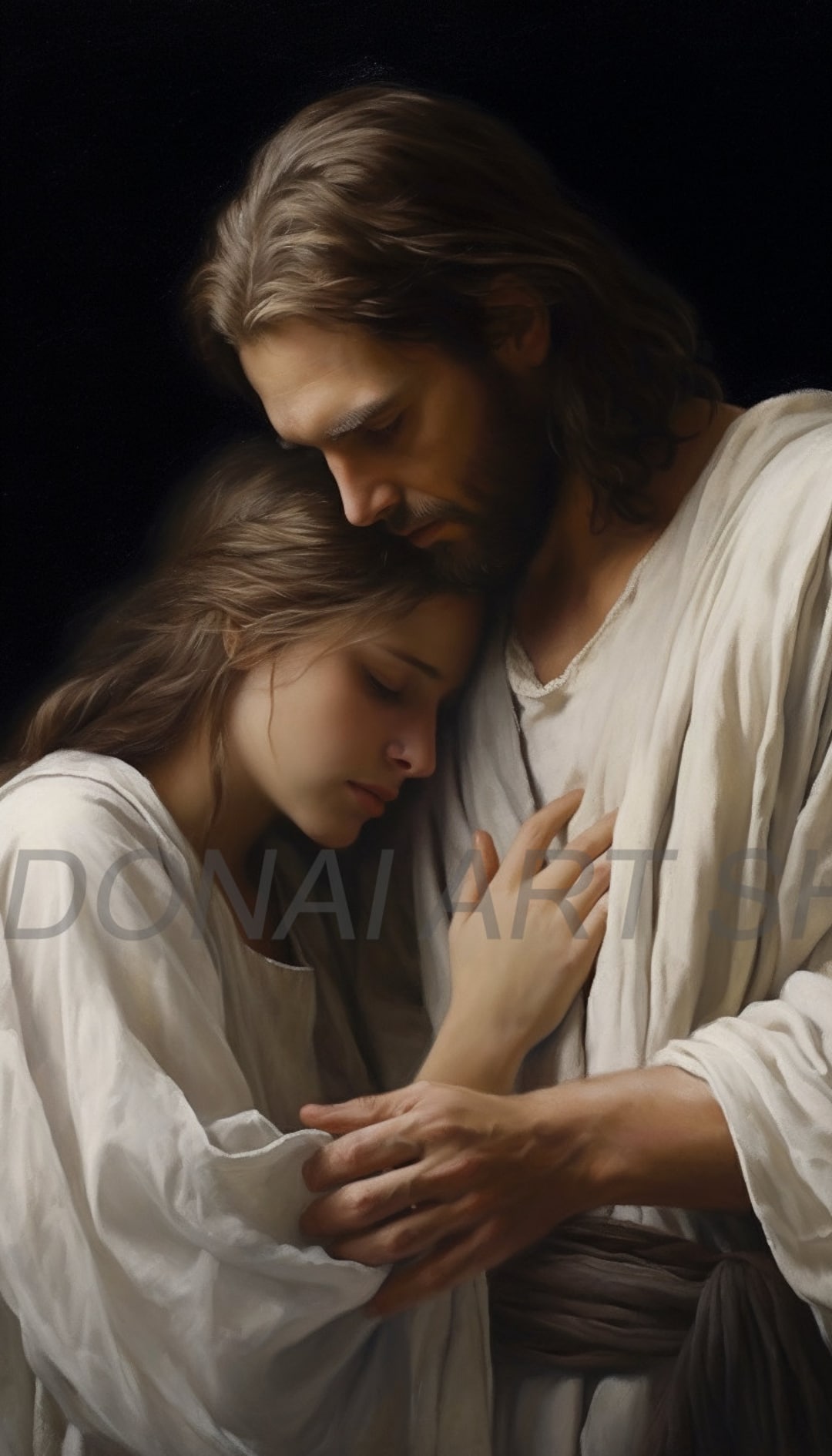 Jesus Christ Holding Hugging Comforting Teen Girl Young Women Oil ...