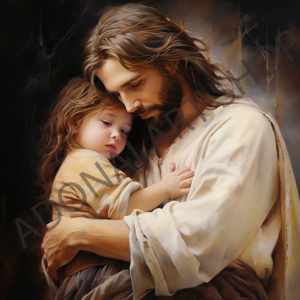 Jesus Christ Holding Hugging Comforting Small Child Oil Painting PNG ...