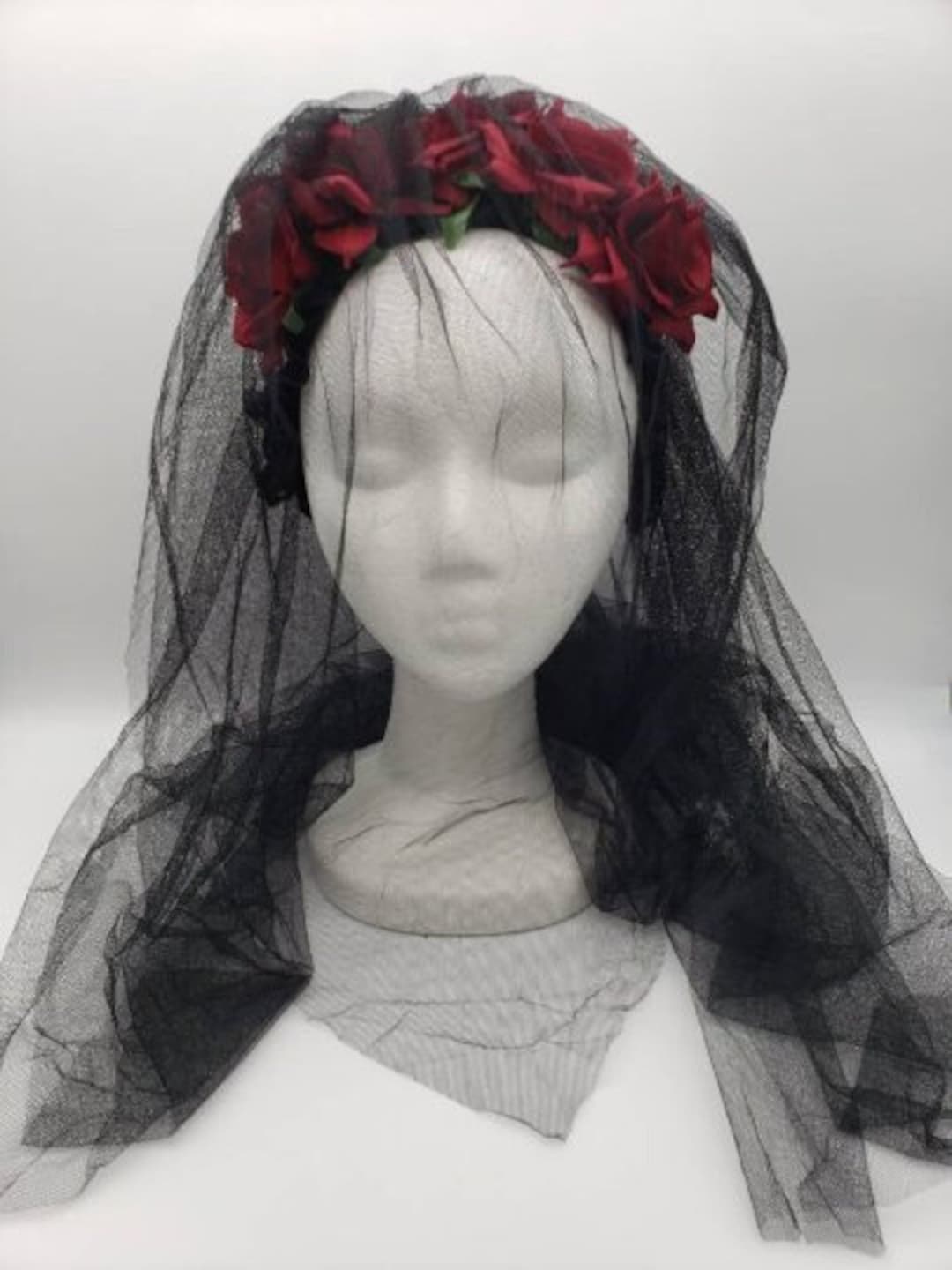 Veiled Rose Headpiece | Red Roses Black Veil | Gothic Vampire Halloween ...